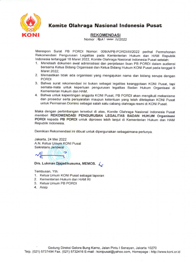 Surat Rekomendasi Koni Pusat Tentang Pordi | PDF