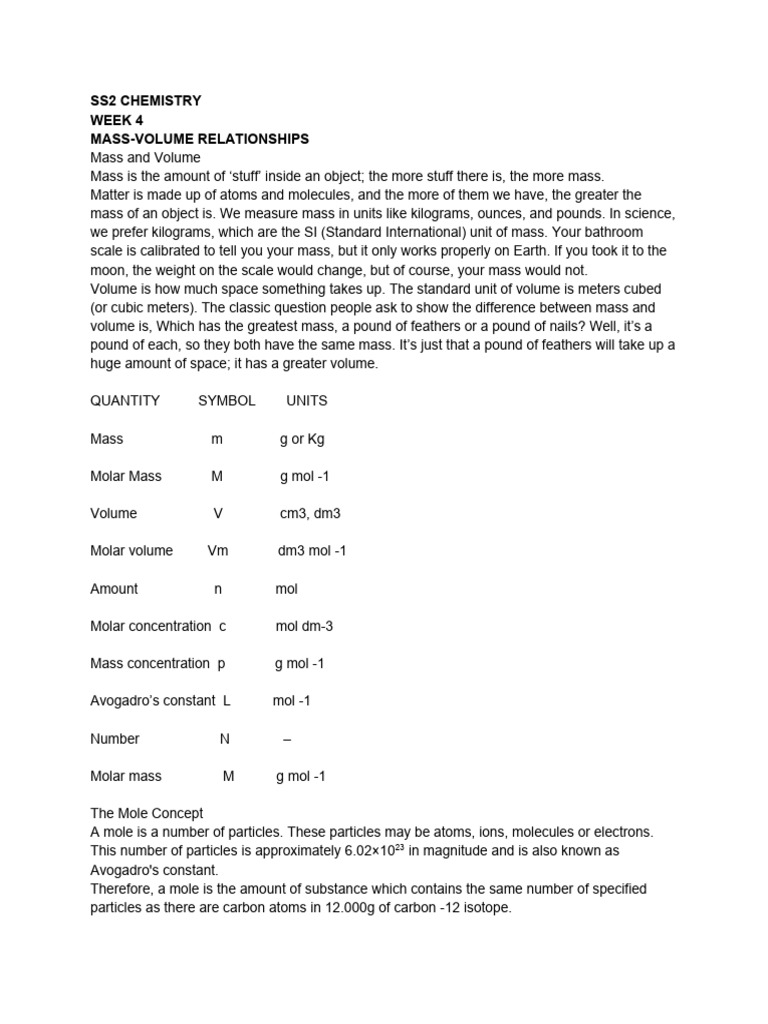 SS2 CHEMISTRY WK4 M-V Relationship | PDF | Mole (Unit) | Gases