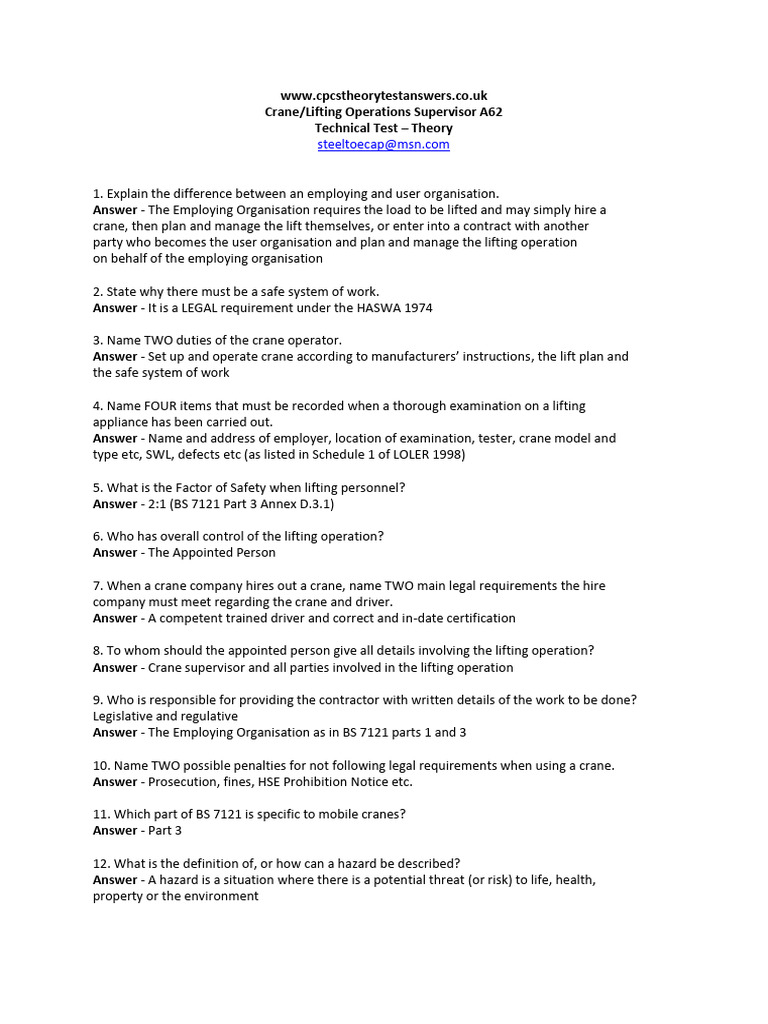 A62 CPCS Crane Lifting Operations Supervisor Answers | Download Free ...