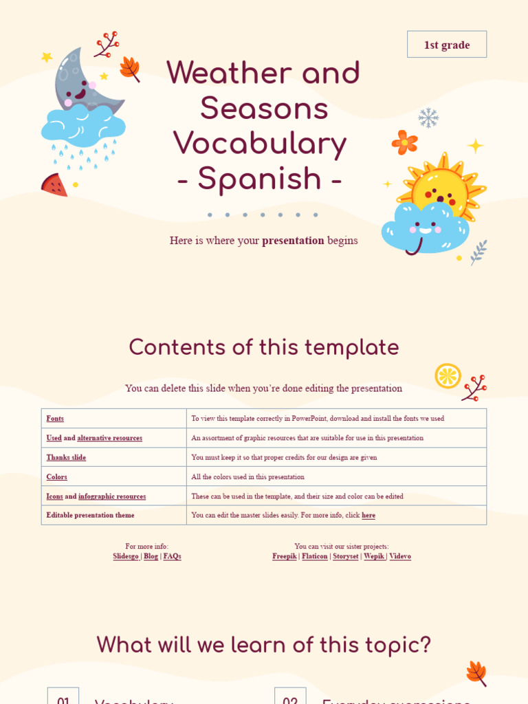 Weather and Seasons Vocabulary - Spanish - 1st Grade by Slidesgo | PDF ...
