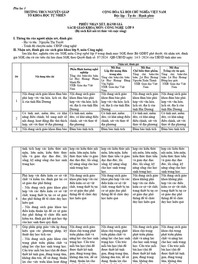 Phu luc 3. Mau phieu nhan xet, danh gia SGK CN9 (Sách kết nối) | PDF