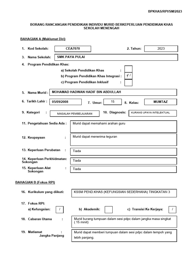 Contoh RPI Kefungsian Dan TK | PDF