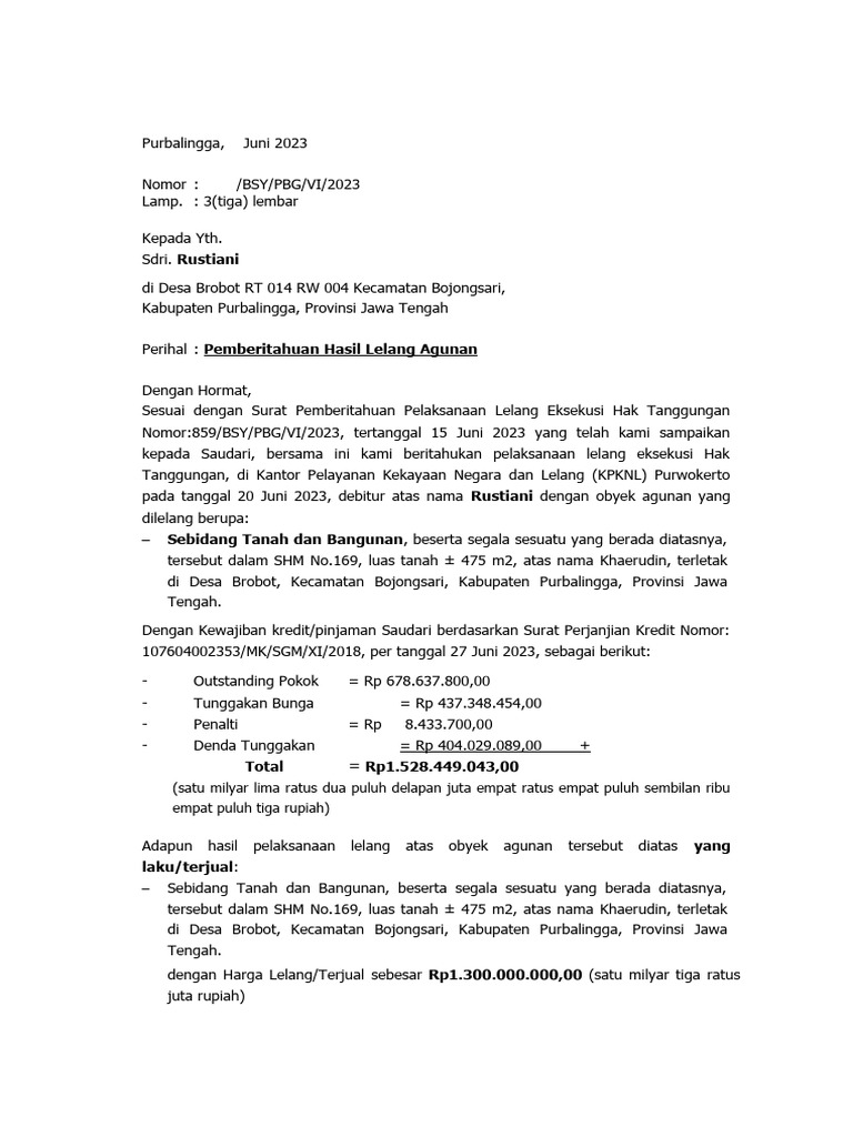 Pemberitahuan Hasil Lelang Agunan | PDF