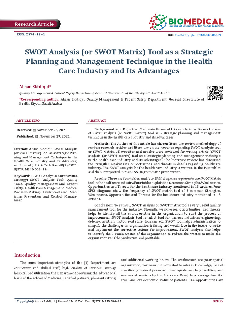 SWOT Analysis (or SWOT Matrix) Tool as a Strategic Planning and ...