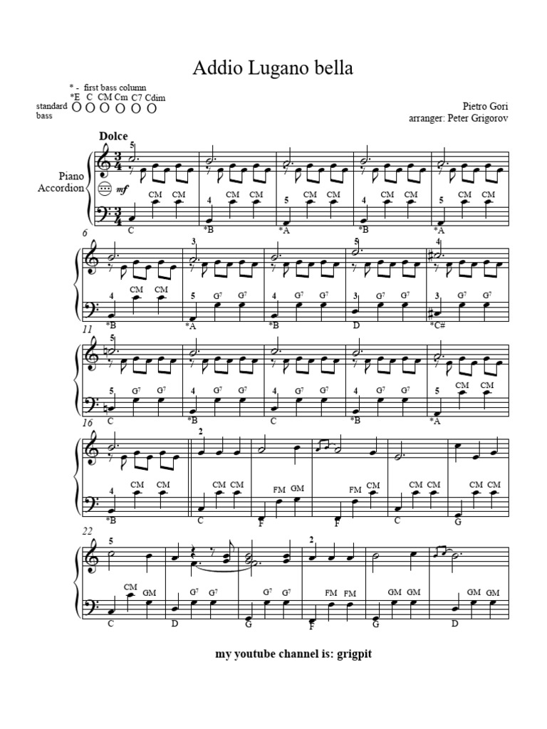 Addio Lugano Bella | PDF | Keyboard Instruments
