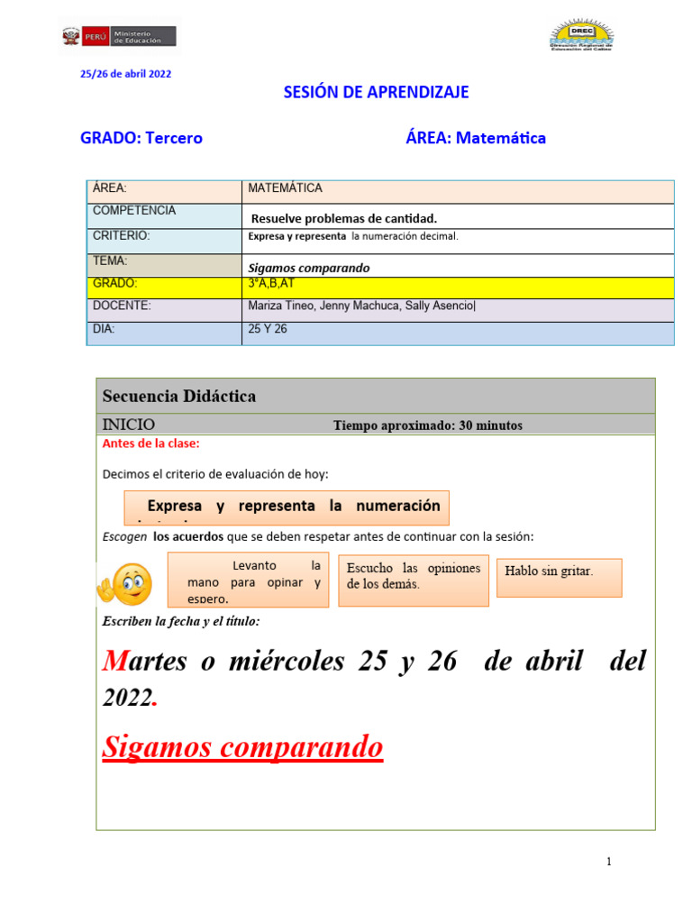 _sesión de matemática 25 y 26 DE ABRIL | PDF | Cognición | Aprendizaje