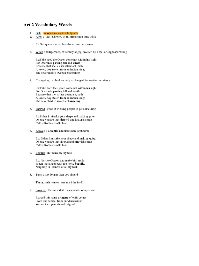 Act 2 Vocabulary from Shakespeare's Play | PDF