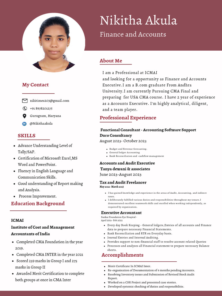 CMA Resume of Nikitha Akula | PDF | Audit | Accounting