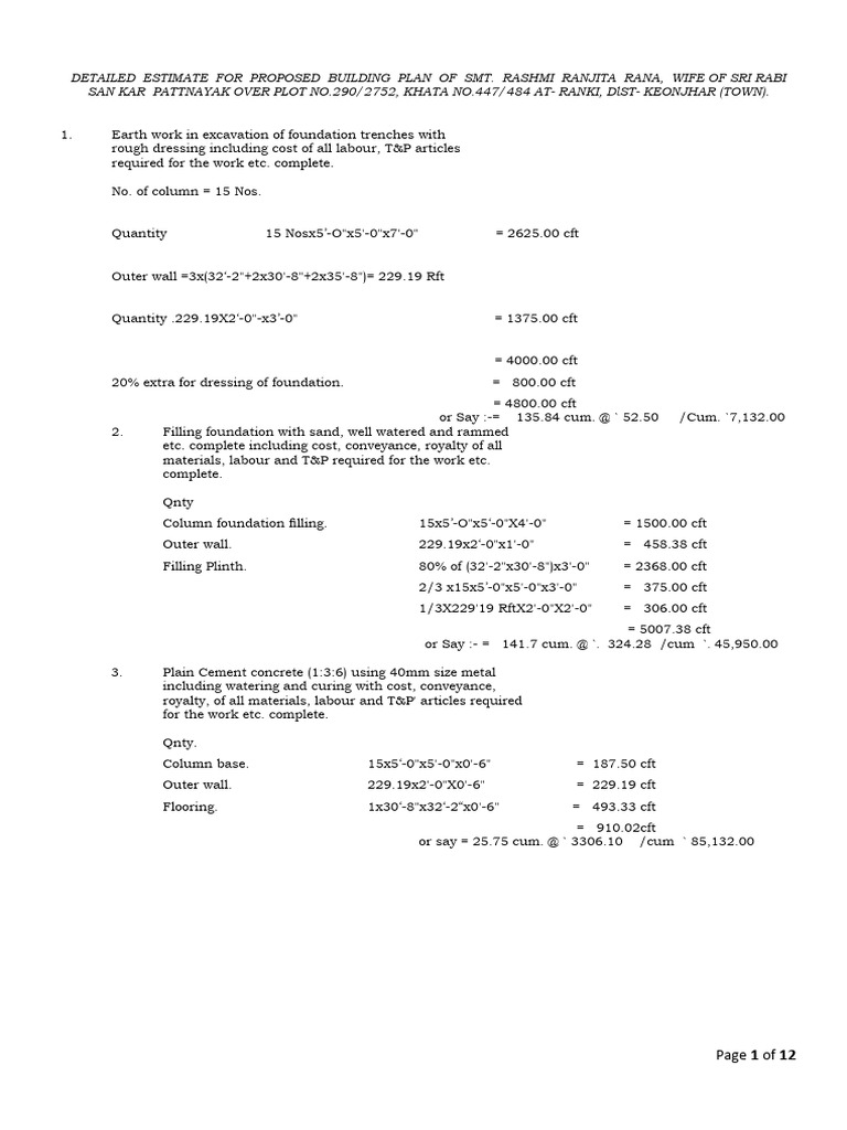 Ranki - Detailed Estimate For Proposed Building Plan 31-01-2023 | PDF ...