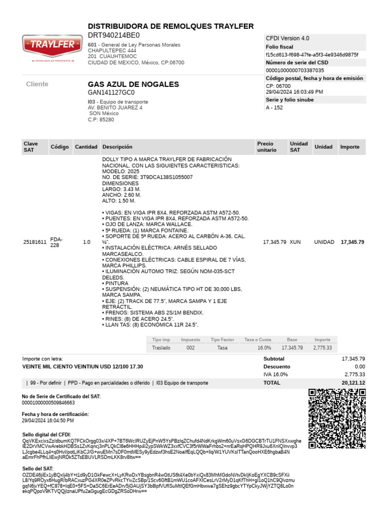 DRT940214BE0 Factura A152 | PDF