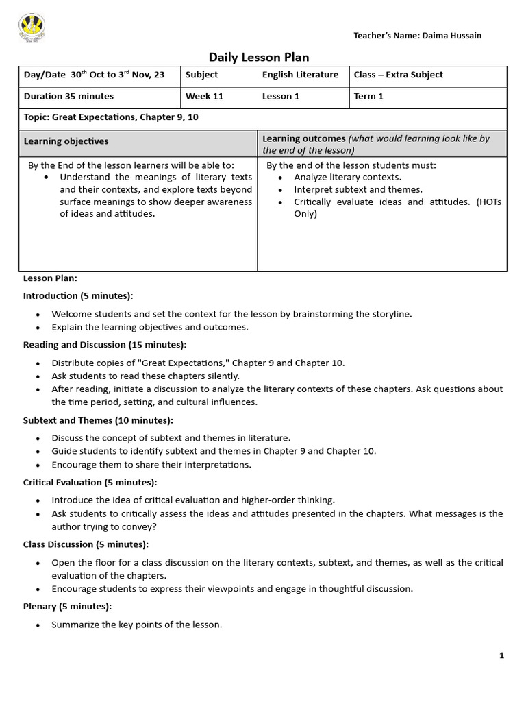 English English Literature Week 11 2023-24 Daima Hussain | PDF | Lesson ...
