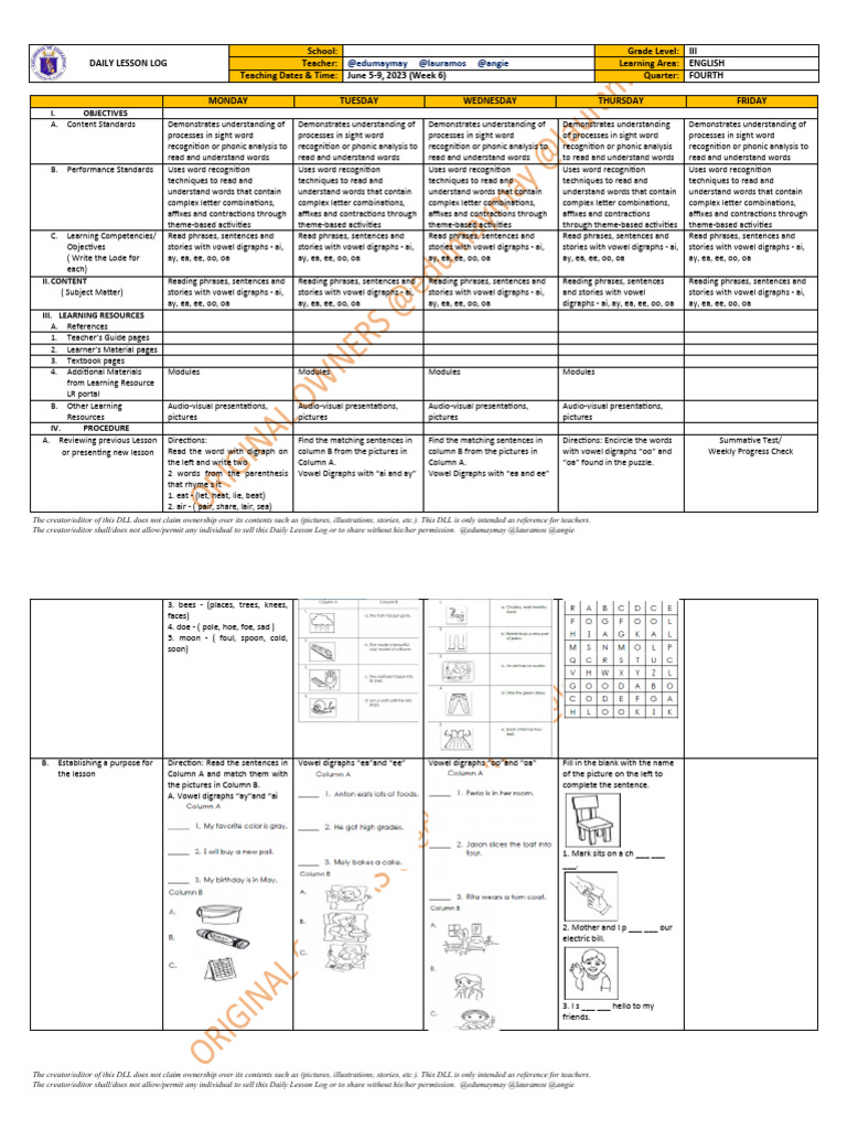 DLL ENGLISH 3 Q4 C7 Read Phrases Sentences and Stories With Vowel Digraphs Ai Ay Ea Ee Oo Oa ...