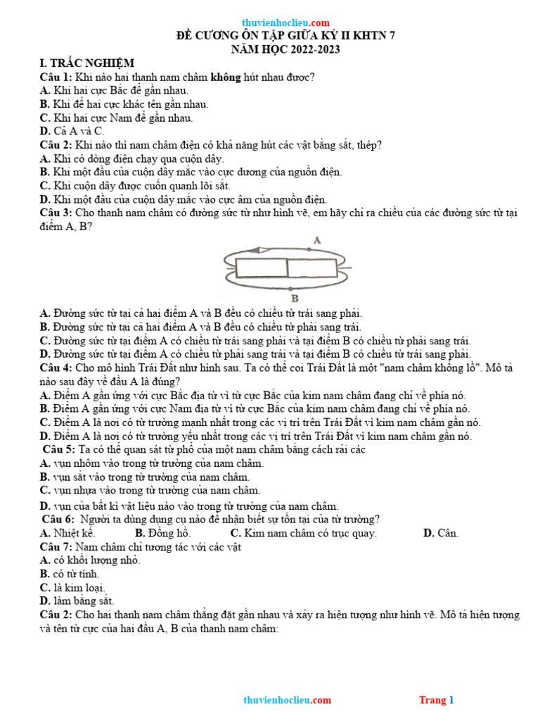 De Cuong On Tap Giua HK2 KHTN 7 Phan Vat Li Nam 22 23 | PDF