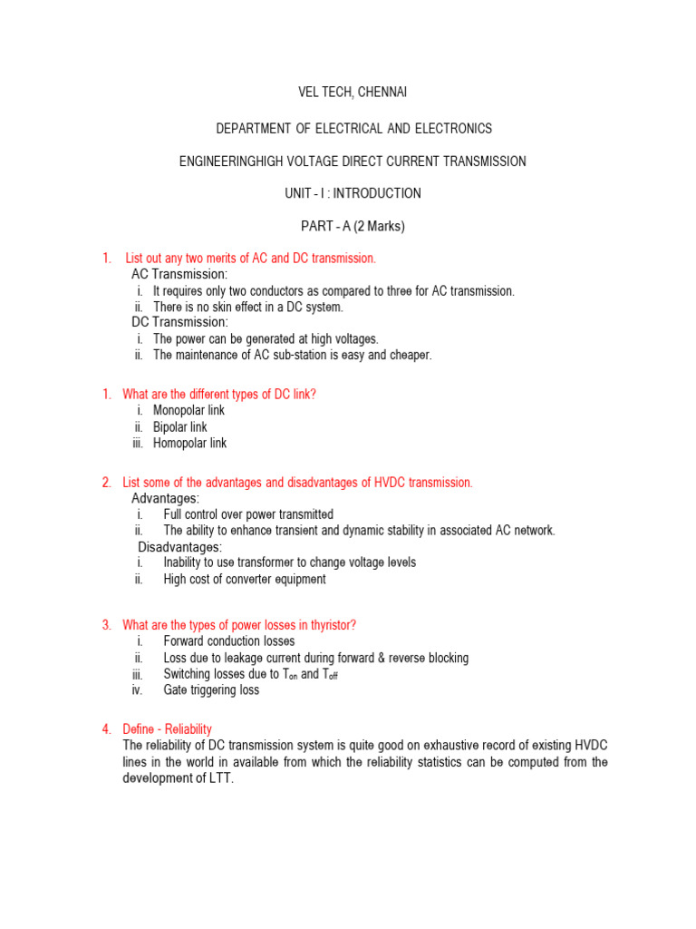 HVDC_Transmission_Important_Questions | PDF | High Voltage Direct Current | Electric Power ...
