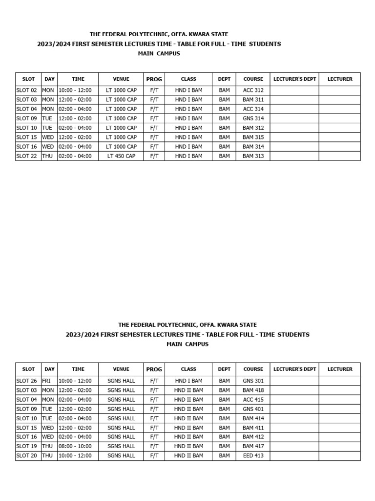 Bus Admin Lecture Time Table | PDF