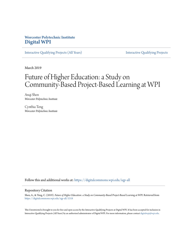 Future of Higher Education: A Study On Community-Based Project-Based Learning at WPI | PDF ...