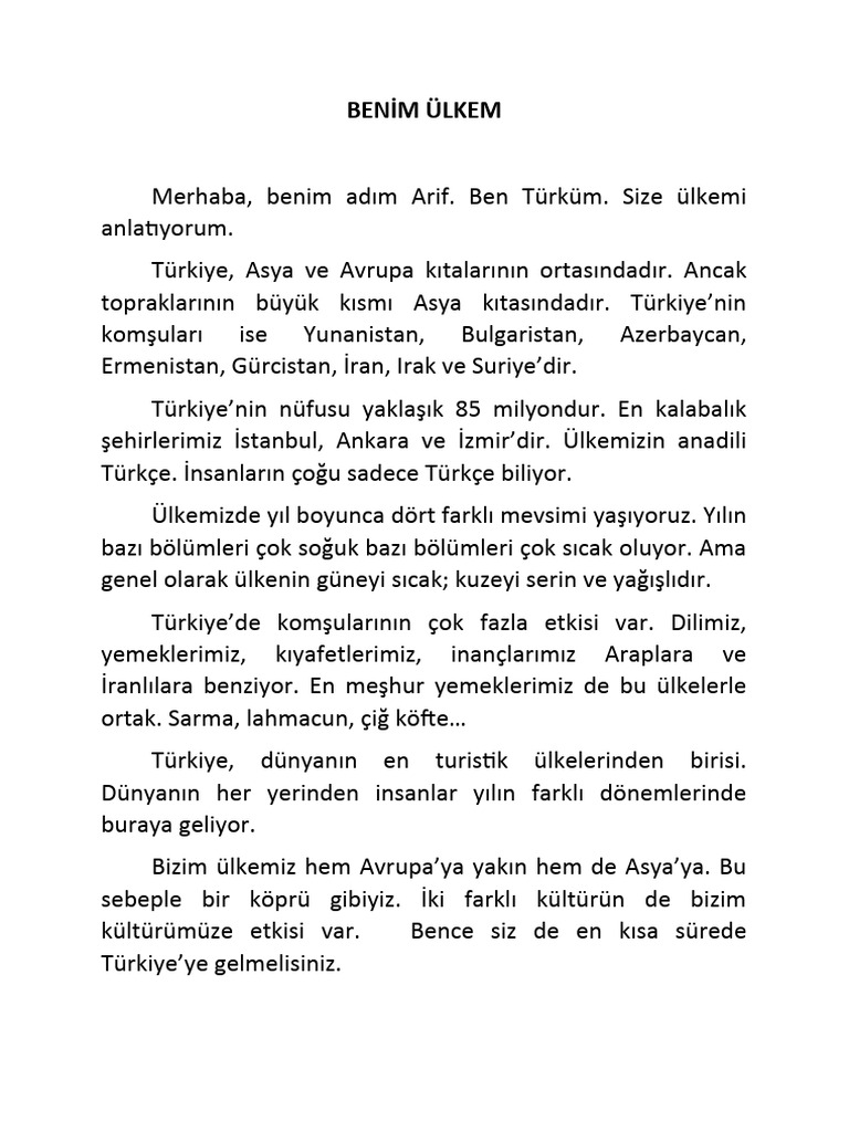 A1 Ülke Okuma Metni̇ | PDF