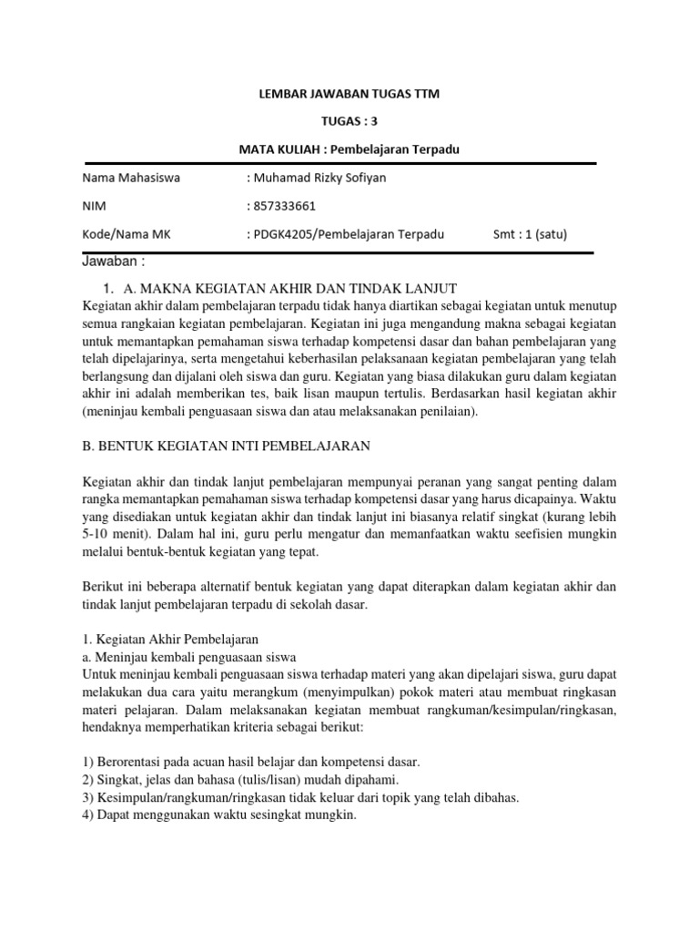 Tugas 3 Pembelajaran Terpadu | PDF | Karier & Perkembangan