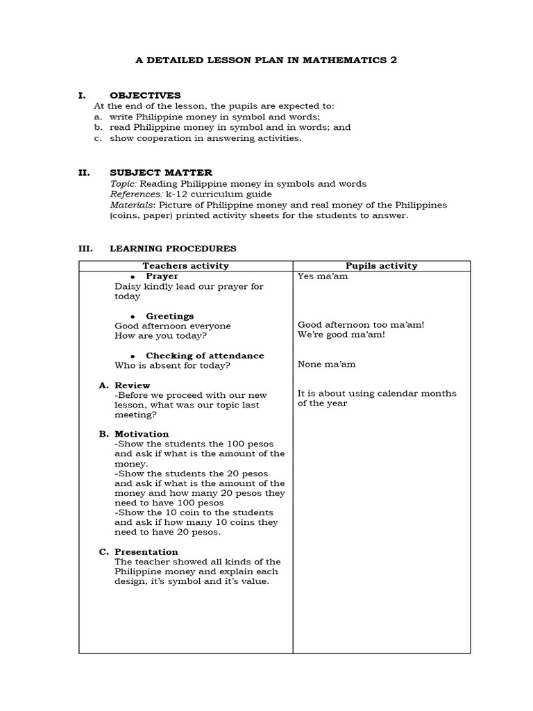 A Detailed Lesson Plan in Mathematics 2 | PDF | Lesson Plan | Money