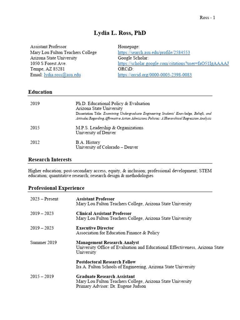 Lydia Ross CV April 2024 | PDF | Arizona State University | Pedagogy
