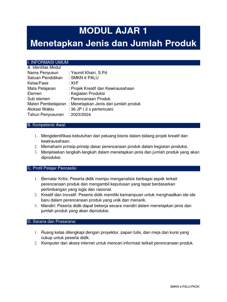 Modul Ajar PKK KLS XI | PDF