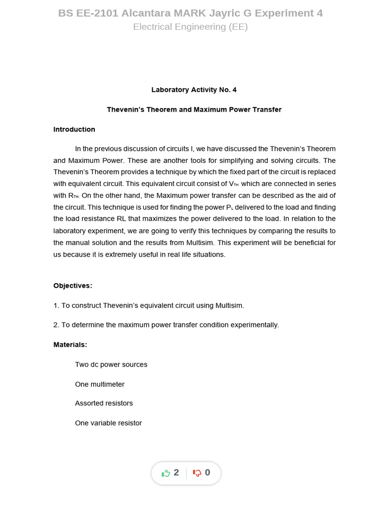 Thevenin's Theorem Lab Experiment | PDF | Electrical Network | Resistor