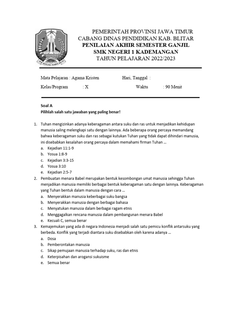 Agama Kristen Soal Kls X Ganjil 2023 | PDF