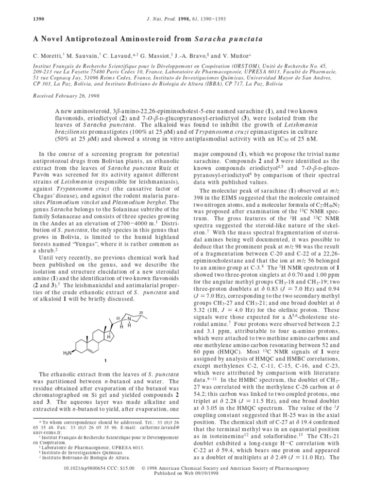 A Novel Antiprotozoal Aminosteroid From Saracha Punctata | PDF | Two ...