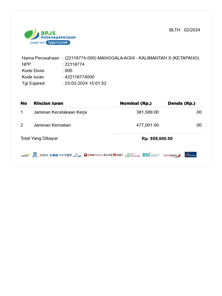 Bukti Pembayaran Iuran BPJS Ketenagakerjaan | PDF