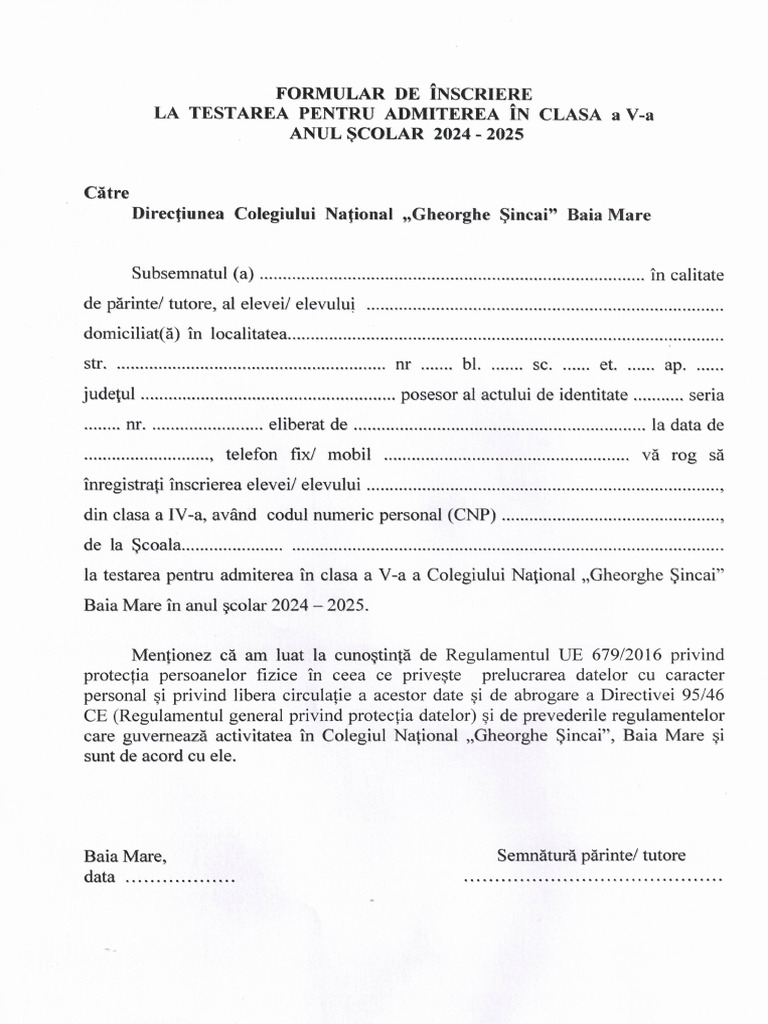 Formular de Inscriere La Testare | PDF