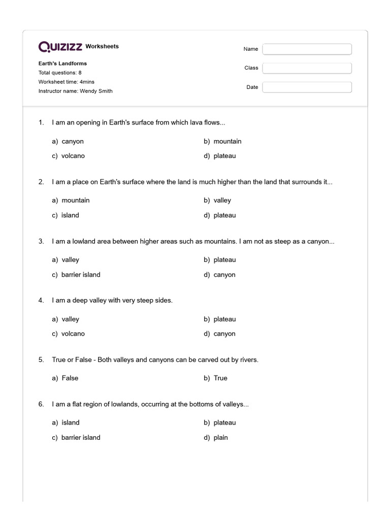 Landforms Quiz for Students | PDF