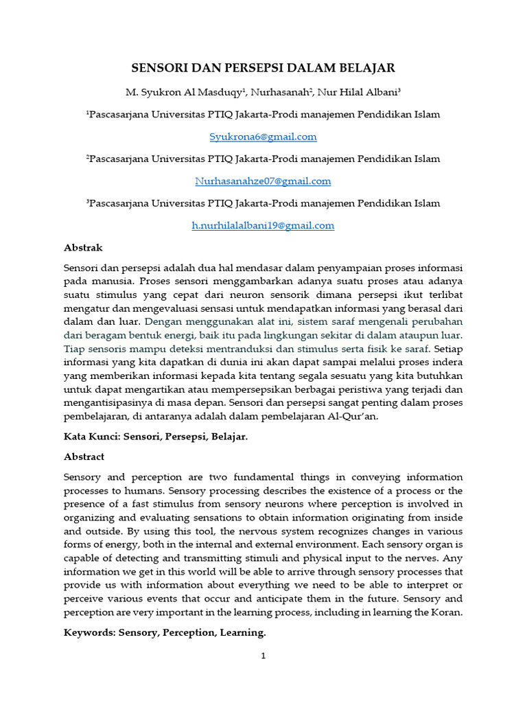 Sensori Dan Persepsi Dalam Belajar | PDF | Sains & Matematika