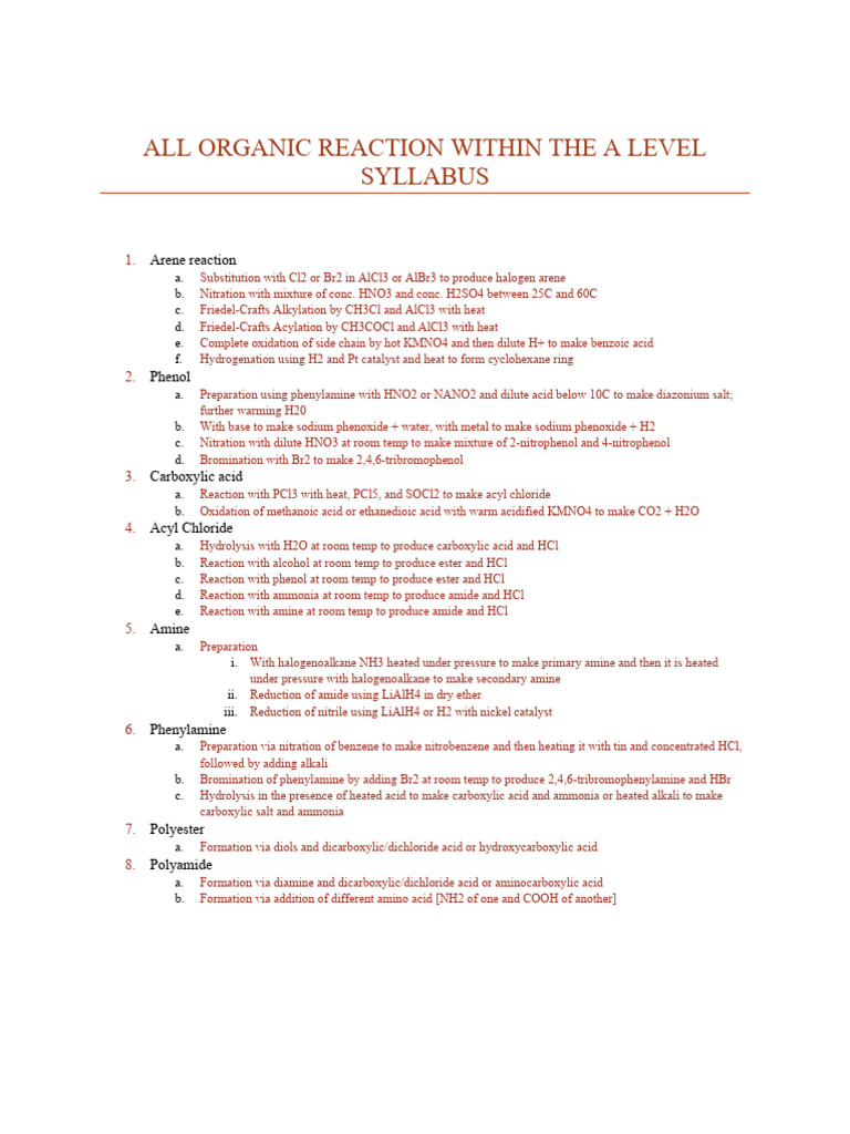 A-Level Organic Reaction Guide | PDF | Amine | Acid