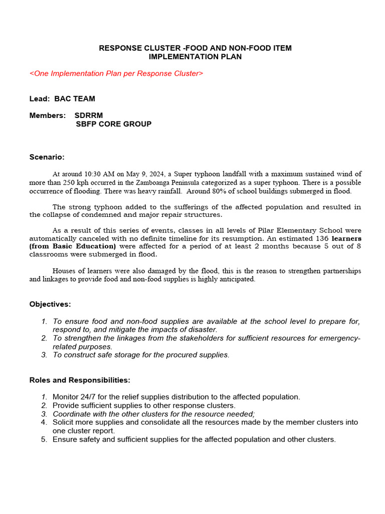 Diplahan - Response Cluster Implementation Plan-Food and Non Food | PDF ...