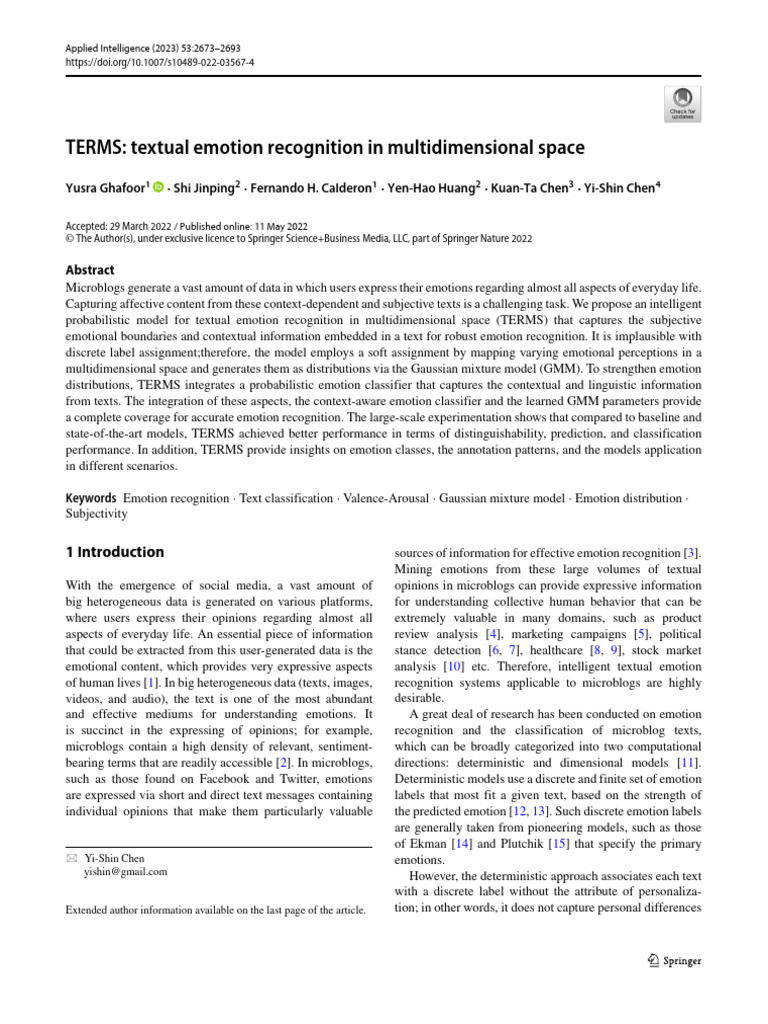 Terms Textual Emotion Recognition In Multidimensional Space Pdf Statistical Classification