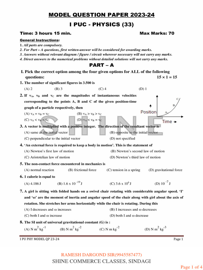 33 - Physics Model QP I Puc 2023-24 PDF | PDF