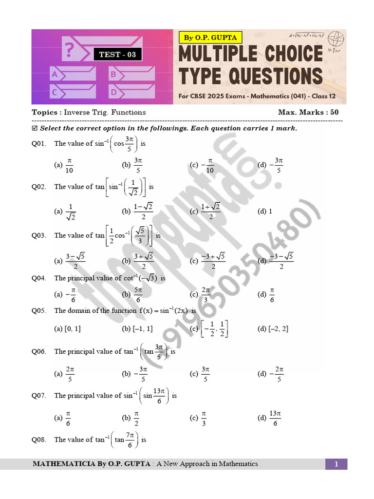 3 MCQ - Inverse Trig Functions | PDF | Function (Mathematics) | Functions And Mappings