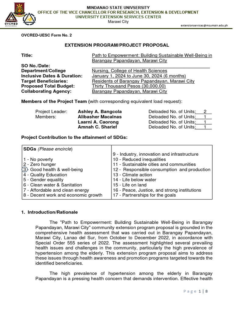 Sample UESC Form 2 CHS Extension Project | PDF | Hypertension | Quality ...