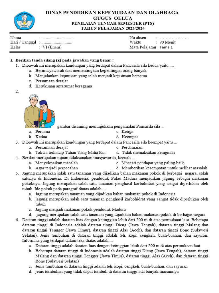 Soal Pts Kelas 6 Tema 1 Sub 1&2 | PDF