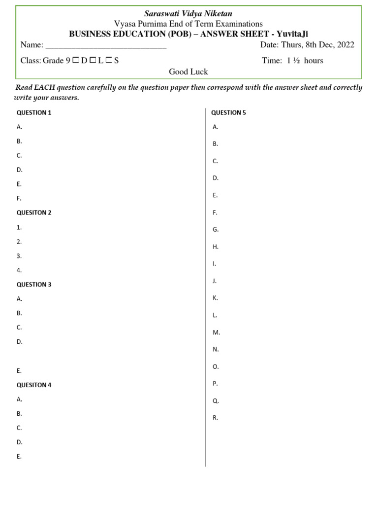 F3 Eot Be Answer Sheet | PDF