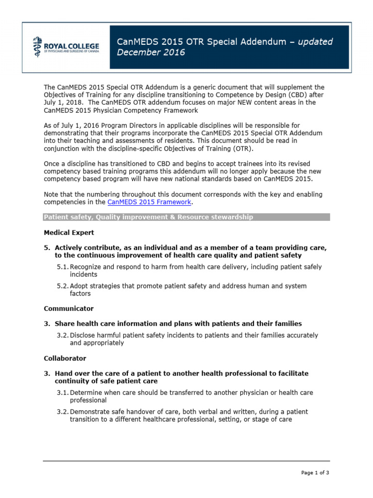 Canmeds 2015 Otr Addendum Oselt e | PDF | Patient Safety | Health Care