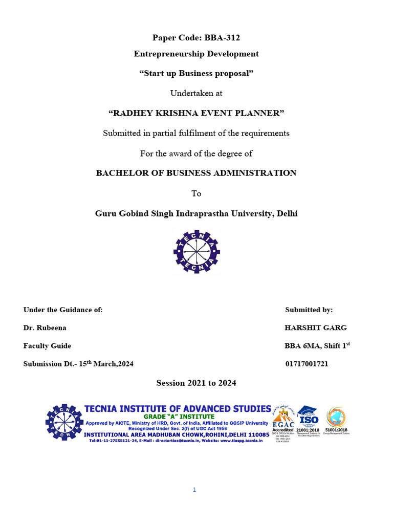 Undertaken At: Paper Code: BBA-312 Entrepreneurship Development "Start Up Business Proposal ...