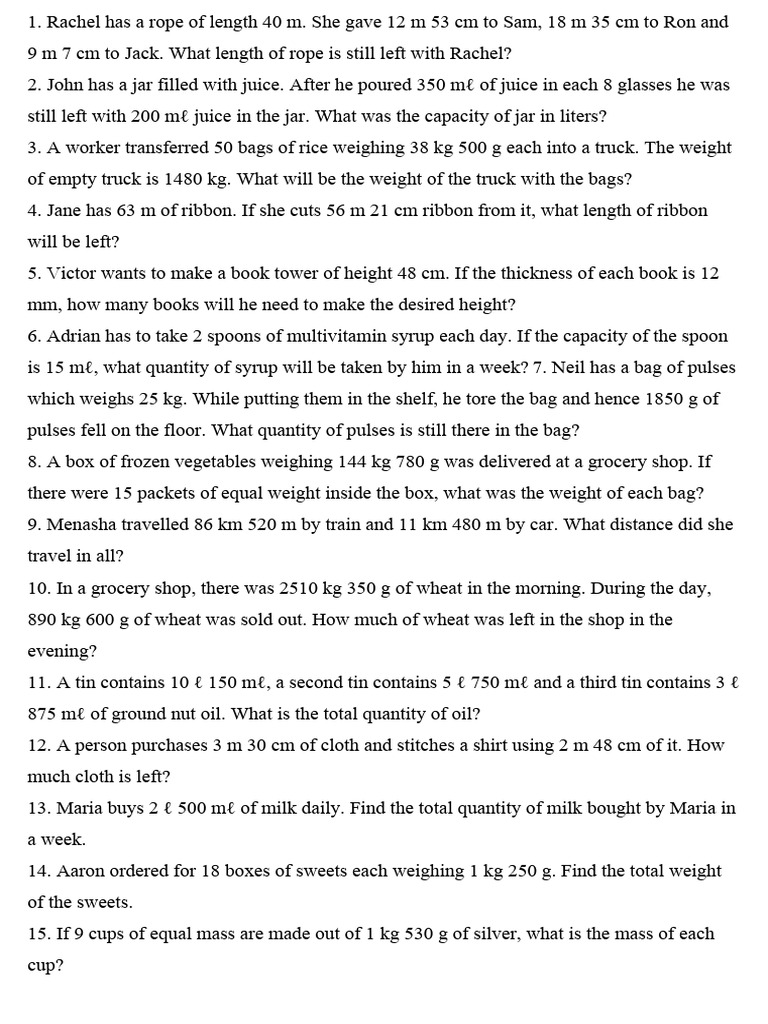 Grade 5 Measurement Word Problems | PDF | Travel | Cooking, Food & Wine