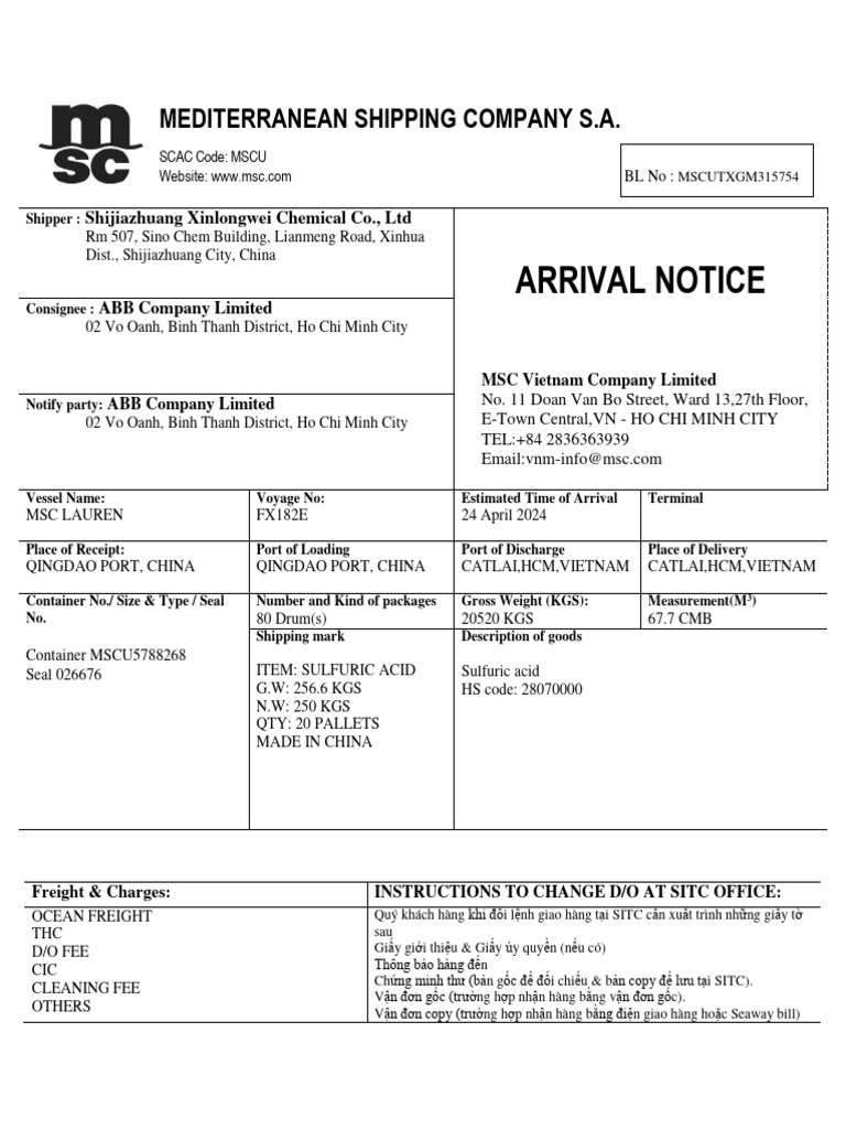 Arrival Notice: Mediterranean Shipping Company S.A | PDF