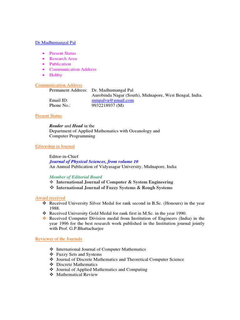 Academic Profile: Dr. Madhumangal Pal | PDF | Graph Theory ...