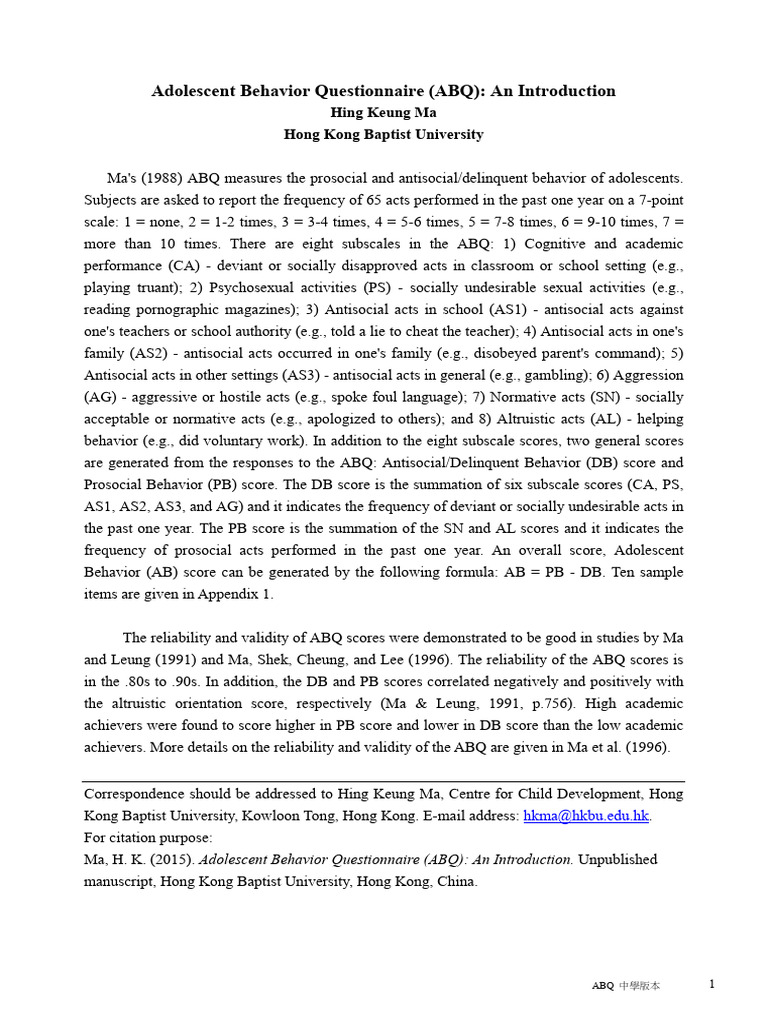 Adolescent Behavior Questionnaire Overview | PDF | Psychology | Anti ...