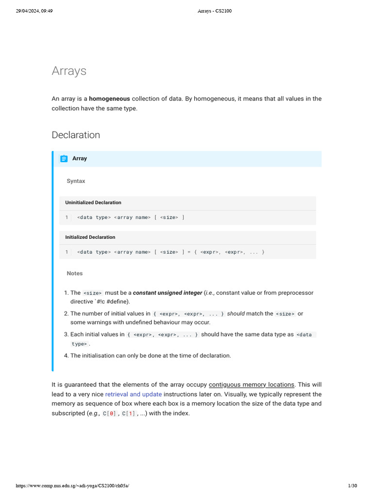 Arrays - CS2100 | PDF | Pointer (Computer Programming) | Integer (Computer Science)