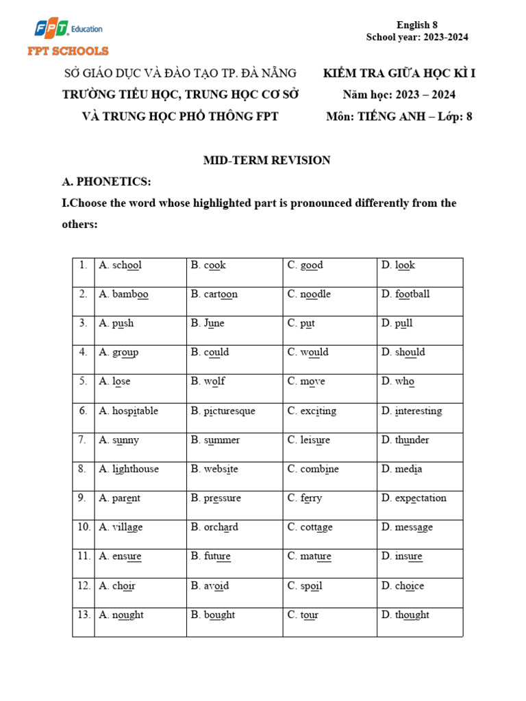 HDOT GKI MÔN TIẾNG ANH 8 BÀI TẬP | PDF