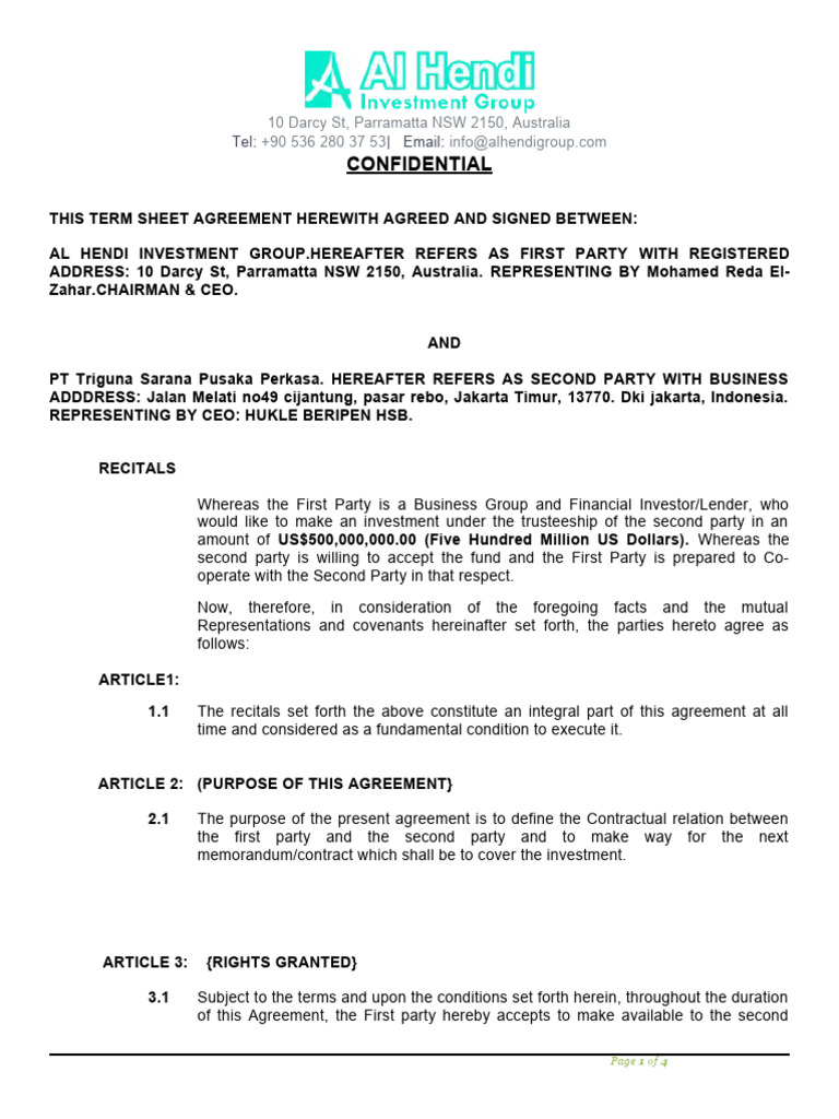 Al-Hendi Investment Group Pty LTD Agreement For PT Triguna Sarana ...