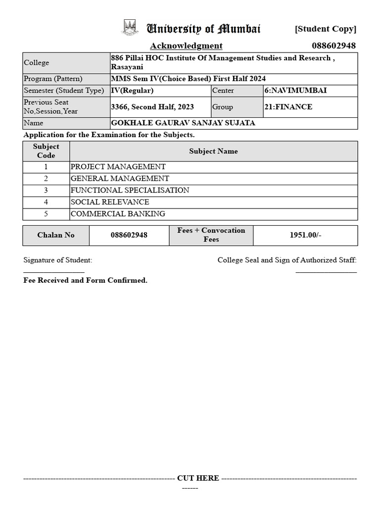 MMS Exam Form Acknowledgment | PDF